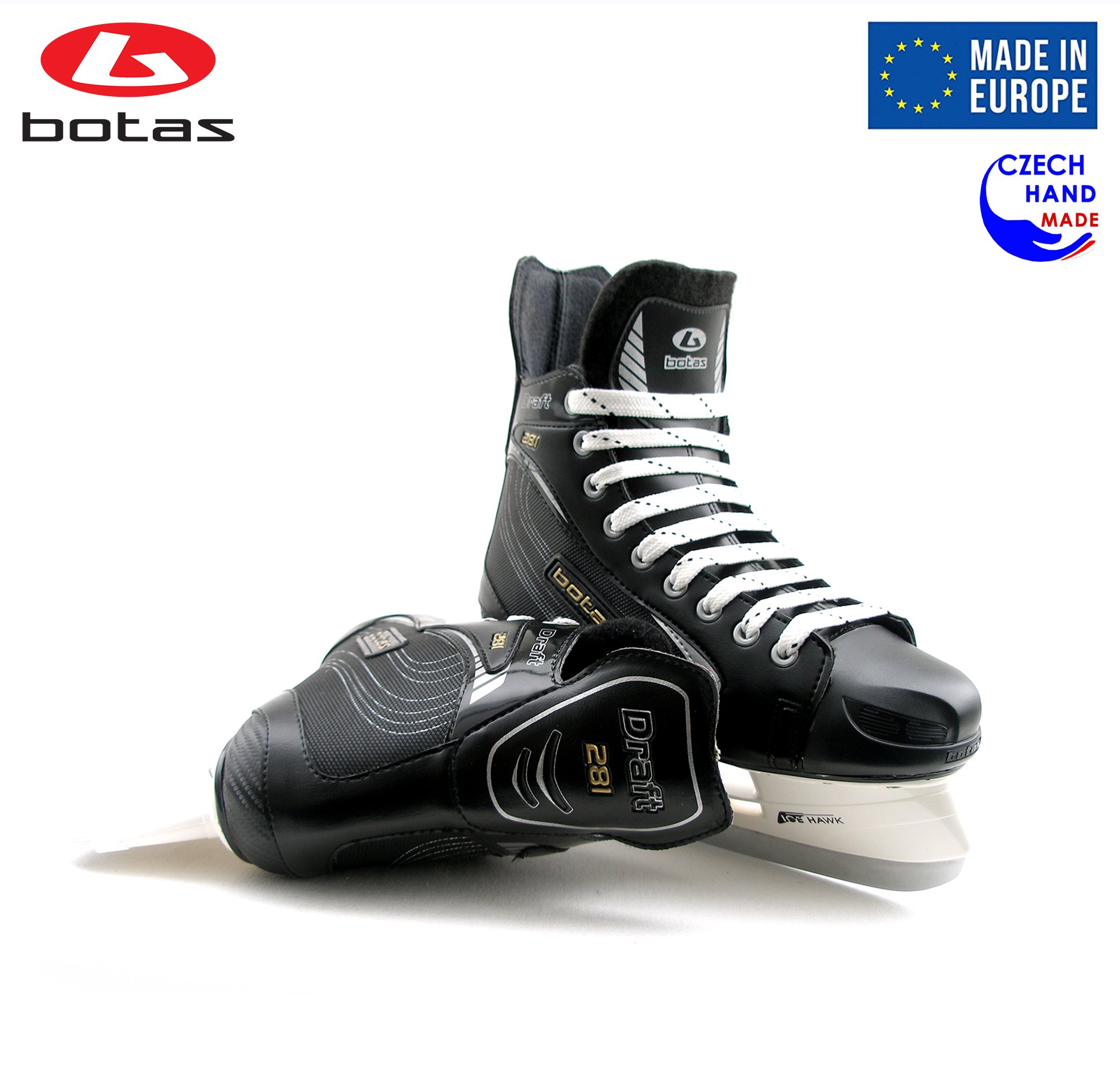 Botas - DRAFT 281 - Men's Ice Hockey Skates | Made in Europe (Czech Republic) UPGRADED Blades: GRAF COBRA 2000 | Color: Black, Size Adult 16