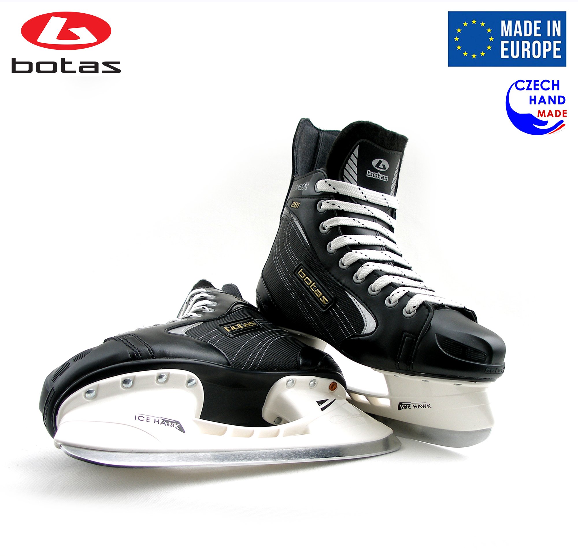 Botas - DRAFT 281 - Men's Ice Hockey Skates | Made in Europe (Czech Republic) UPGRADED Blades: GRAF COBRA 2000 | Color: Black, Size Adult 16