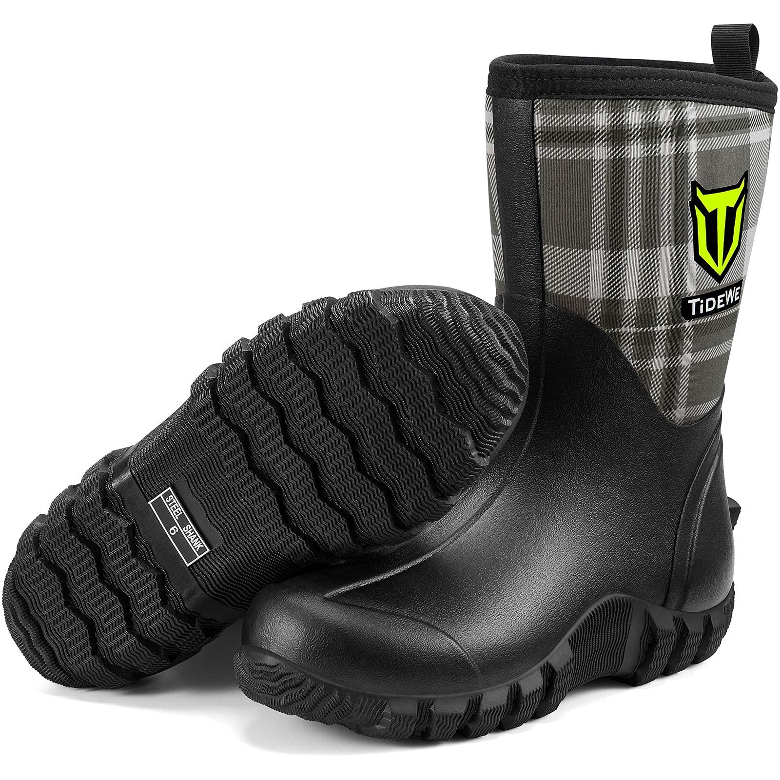 TIDEWE Rubber Boots for Women, 5.5mm Neoprene Insulated Rain Boots with Steel Shank, Waterproof Mid Calf Hunting Boots, Sturdy Rubber Work Boots for Farming Gardening Fishing (Plaid Size 8)