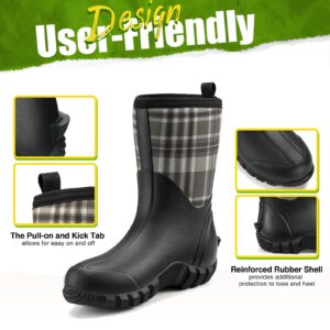 TIDEWE Rubber Boots for Women, 5.5mm Neoprene Insulated Rain Boots with Steel Shank, Waterproof Mid Calf Hunting Boots, Sturdy Rubber Work Boots for Farming Gardening Fishing (Plaid Size 8)