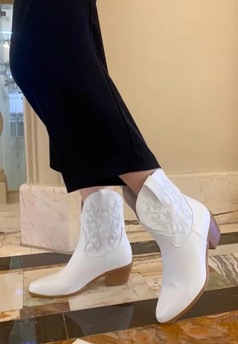 STALOV Short Cowgirl Boots for Women Embroidered White Cowboy Ankle Boots,Pointed Toe Low Chunky Heel Pull On Western Stitched Boots