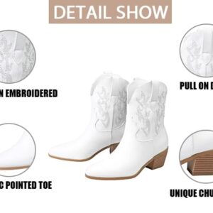 STALOV Short Cowgirl Boots for Women Embroidered White Cowboy Ankle Boots,Pointed Toe Low Chunky Heel Pull On Western Stitched Boots