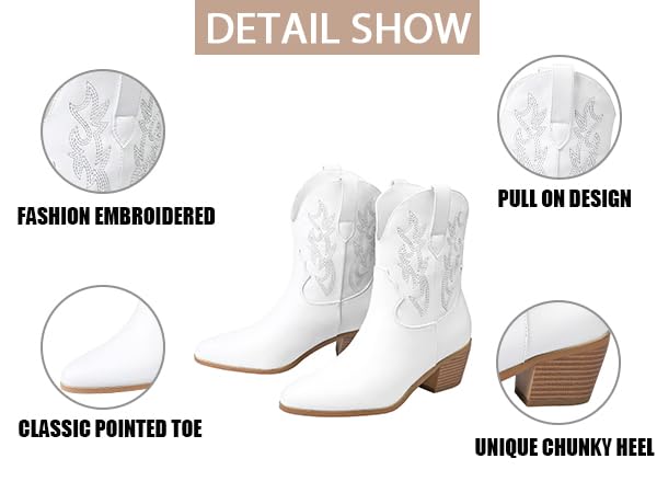 STALOV Short Cowgirl Boots for Women Embroidered White Cowboy Ankle Boots,Pointed Toe Low Chunky Heel Pull On Western Stitched Boots