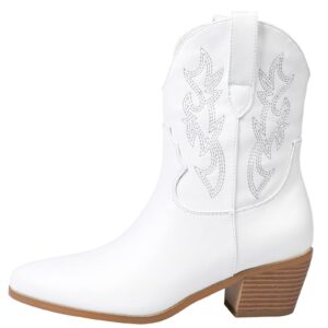 STALOV Short Cowgirl Boots for Women Embroidered White Cowboy Ankle Boots,Pointed Toe Low Chunky Heel Pull On Western Stitched Boots