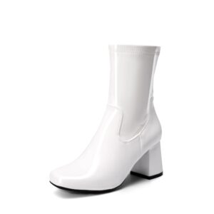 dream pairs women's go go boots mid calf low block heel boots zipper square toe ankle boots for party cosplay dance,size 8.5,white-pat,sdmb2301w