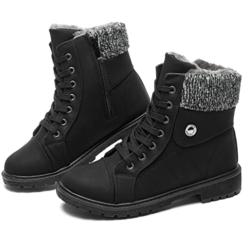 FRACORA Women's PU Leather Combat Boots Warm Fur Lined Black Ankle Booties Side Zipper White Boots Non-slip Waterproof Winter Boots(Black.US10)