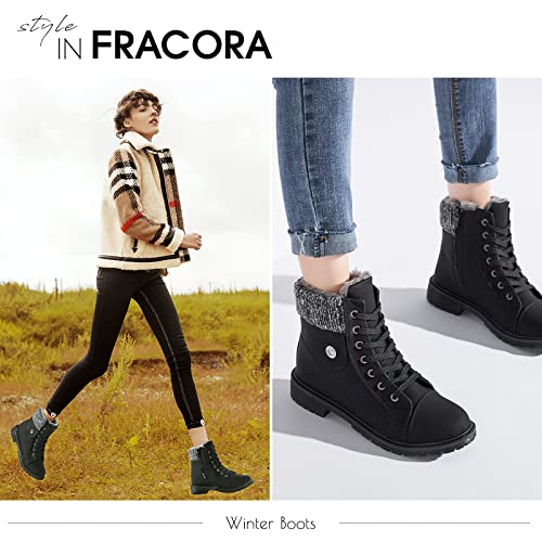 FRACORA Women's PU Leather Combat Boots Warm Fur Lined Black Ankle Booties Side Zipper White Boots Non-slip Waterproof Winter Boots(Black.US10)