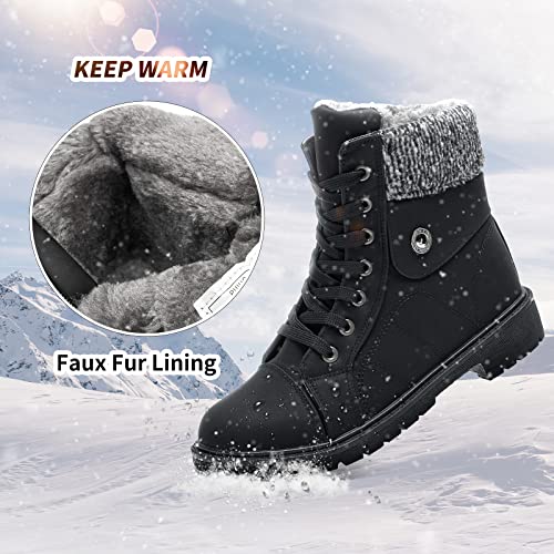 FRACORA Women's PU Leather Combat Boots Warm Fur Lined Black Ankle Booties Side Zipper White Boots Non-slip Waterproof Winter Boots(Black.US10)