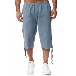 rela bota mens cotton linen pants casual beach 3/4 shorts summer trousers elastic waist lightweight 2xl blue