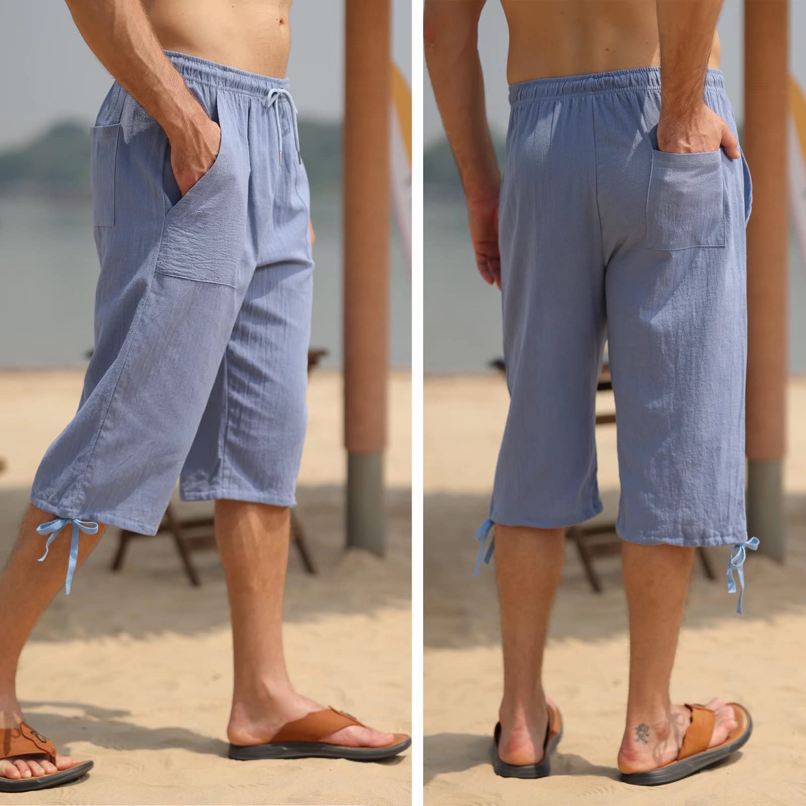 Rela Bota Mens Cotton Linen Pants Casual Beach 3/4 Shorts Summer Trousers Elastic Waist Lightweight 2XL Blue