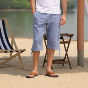 Rela Bota Mens Cotton Linen Pants Casual Beach 3/4 Shorts Summer Trousers Elastic Waist Lightweight 2XL Blue