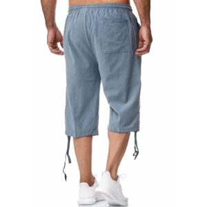 Rela Bota Mens Cotton Linen Pants Casual Beach 3/4 Shorts Summer Trousers Elastic Waist Lightweight 2XL Blue