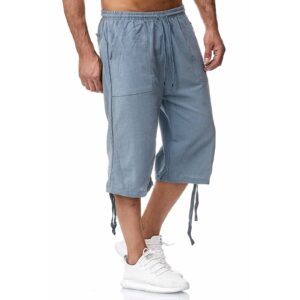 Rela Bota Mens Cotton Linen Pants Casual Beach 3/4 Shorts Summer Trousers Elastic Waist Lightweight 2XL Blue