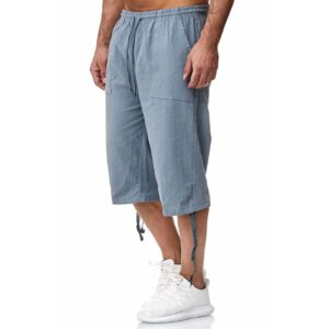 Rela Bota Mens Cotton Linen Pants Casual Beach 3/4 Shorts Summer Trousers Elastic Waist Lightweight 2XL Blue