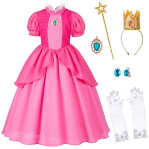 pink princess dress for girls, kids princess costume with crown gloves wand earrings 8-9 years