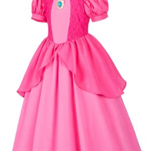 Pink Princess Dress for Girls, Kids Princess costume with Crown Gloves Wand Earrings 8-9 Years