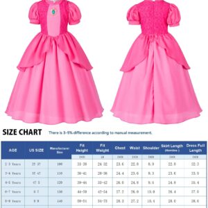 Pink Princess Dress for Girls, Kids Princess costume with Crown Gloves Wand Earrings 8-9 Years