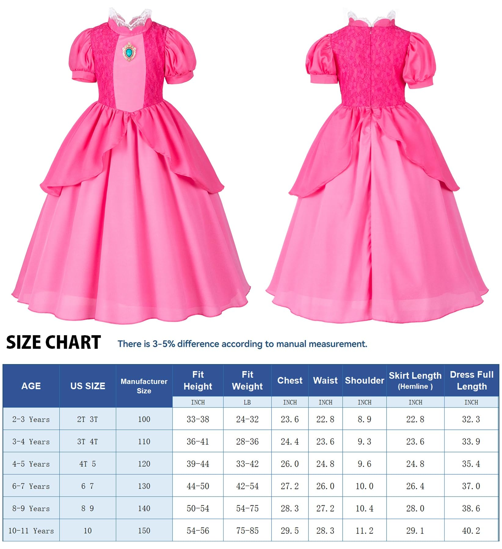 Pink Princess Dress for Girls, Kids Princess costume with Crown Gloves Wand Earrings 8-9 Years