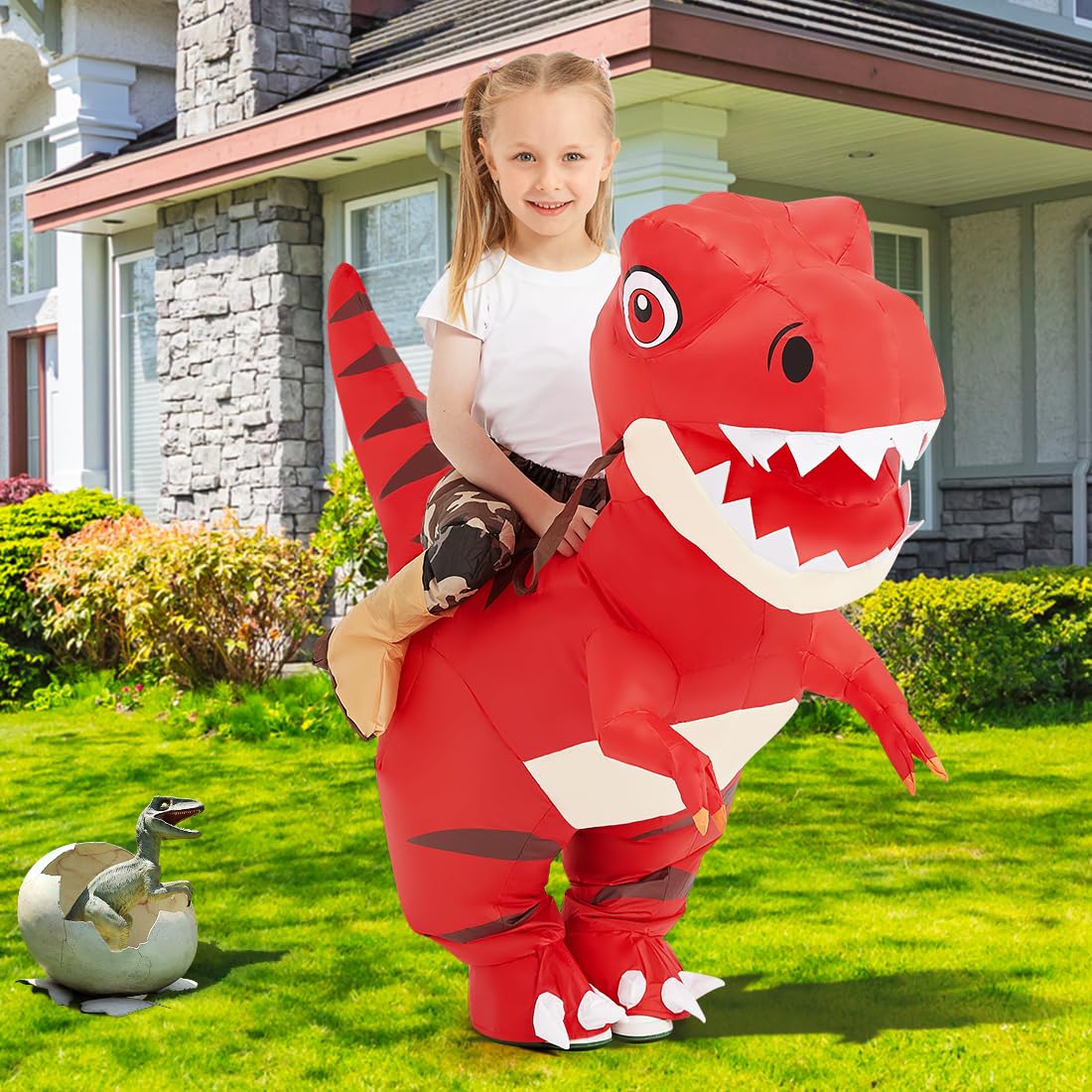 COMIN Inflatable Dinosaur Costume Kids, Ride on Dinosaur Blow Up Trex Costume Red Funny Fancy Dress for Halloween Party 4-6Y