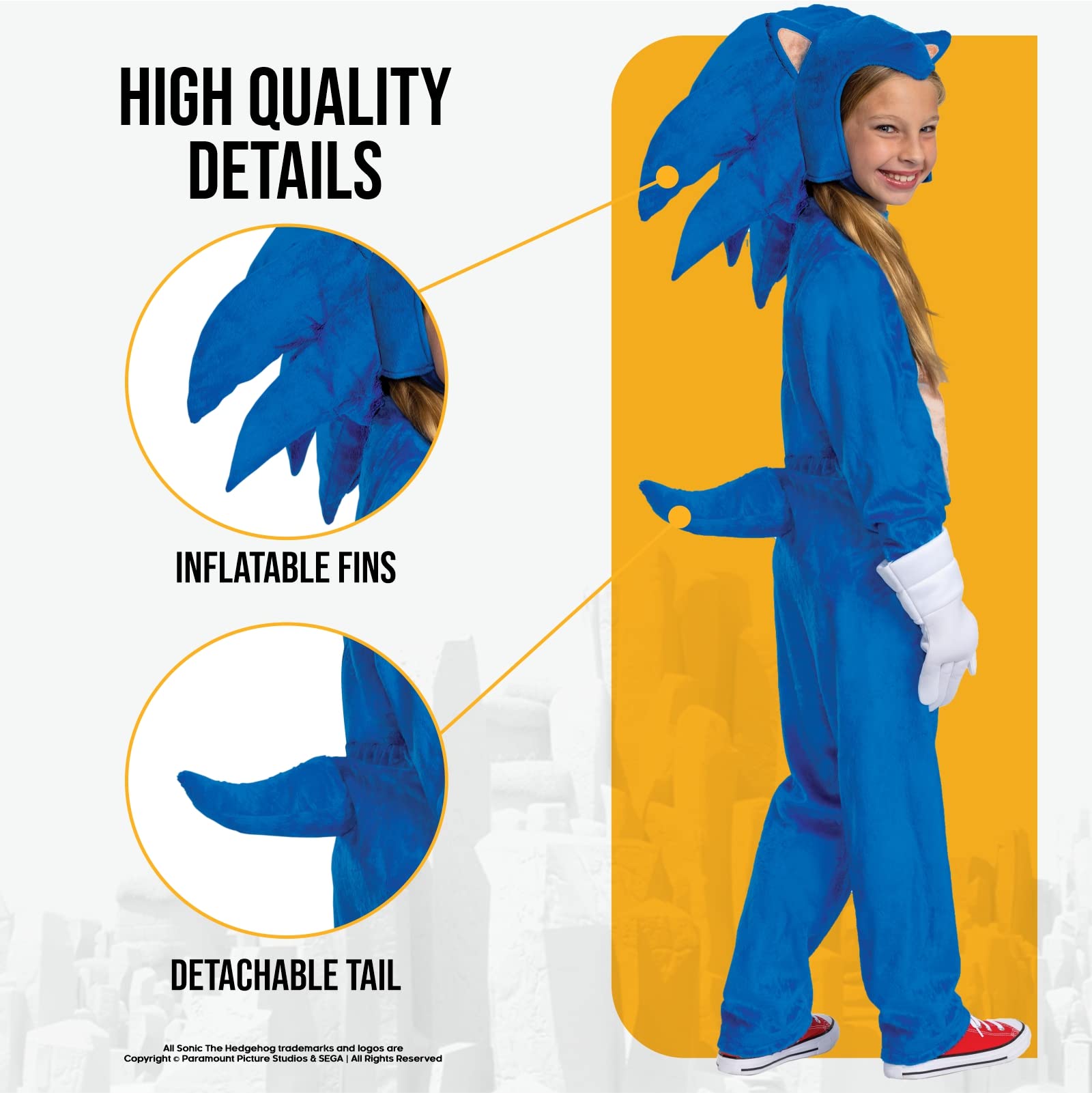 Sonic the Hedgehog Costume, Official Deluxe Sonic Movie Costume and Headpiece, Kids Size Small (4-6)