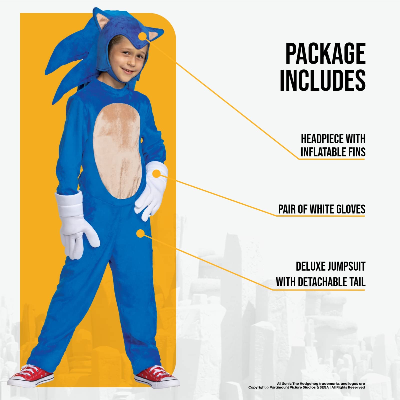 Sonic the Hedgehog Costume, Official Deluxe Sonic Movie Costume and Headpiece, Kids Size Small (4-6)