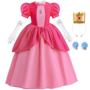 luzlen princess peach costume for girls kids toddler princess peach dress halloween cosplay birthday party pink outfits, 6-7y(tag 130)