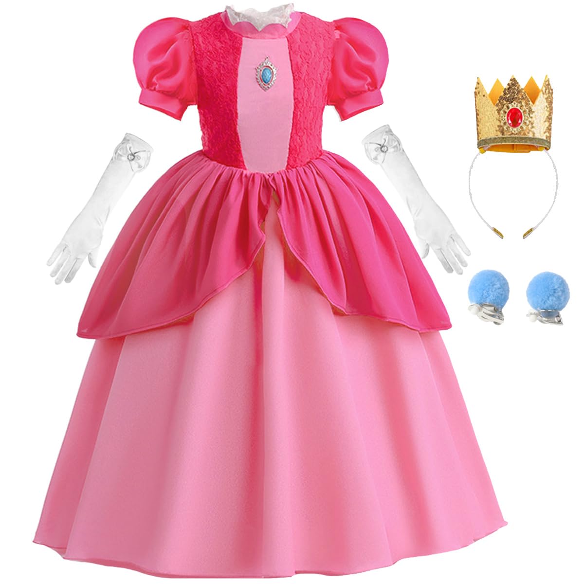 Luzlen Princess Peach Costume for Girls Kids Toddler Princess Peach Dress Halloween Cosplay Birthday Party Pink Outfits, 6-7Y(Tag 130)