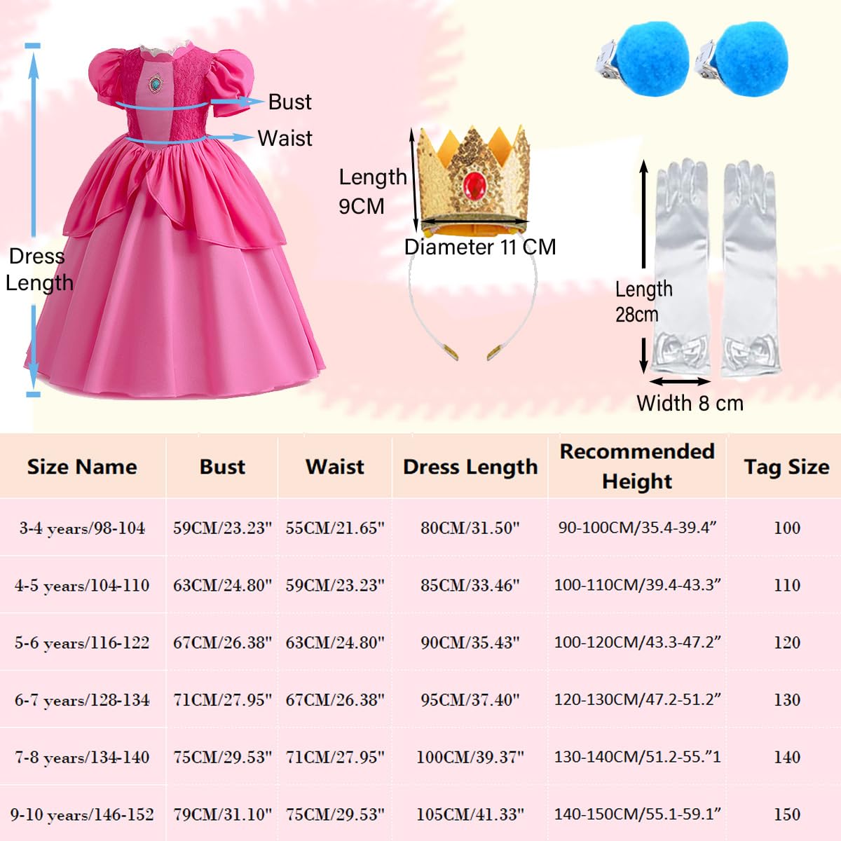 Luzlen Princess Peach Costume for Girls Kids Toddler Princess Peach Dress Halloween Cosplay Birthday Party Pink Outfits, 6-7Y(Tag 130)