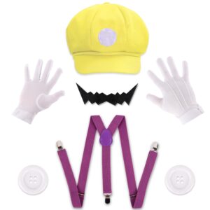 piiduoo wario costume adult halloween - wario yellow hat mustache gloves buttons suspenders accessories for men & women cosplay