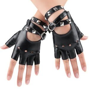 fingerless leather gloves, half finger biker punk gloves (one size fits all) with belt up and rivet design for halloween costume party