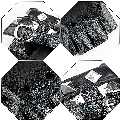 Fingerless Leather Gloves, Half Finger Biker Punk Gloves (One size fits all) with Belt Up and Rivet Design for Halloween Costume Party