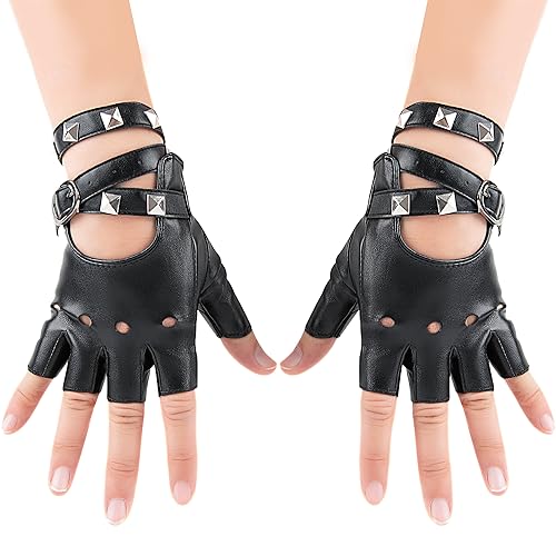 Fingerless Leather Gloves, Half Finger Biker Punk Gloves (One size fits all) with Belt Up and Rivet Design for Halloween Costume Party