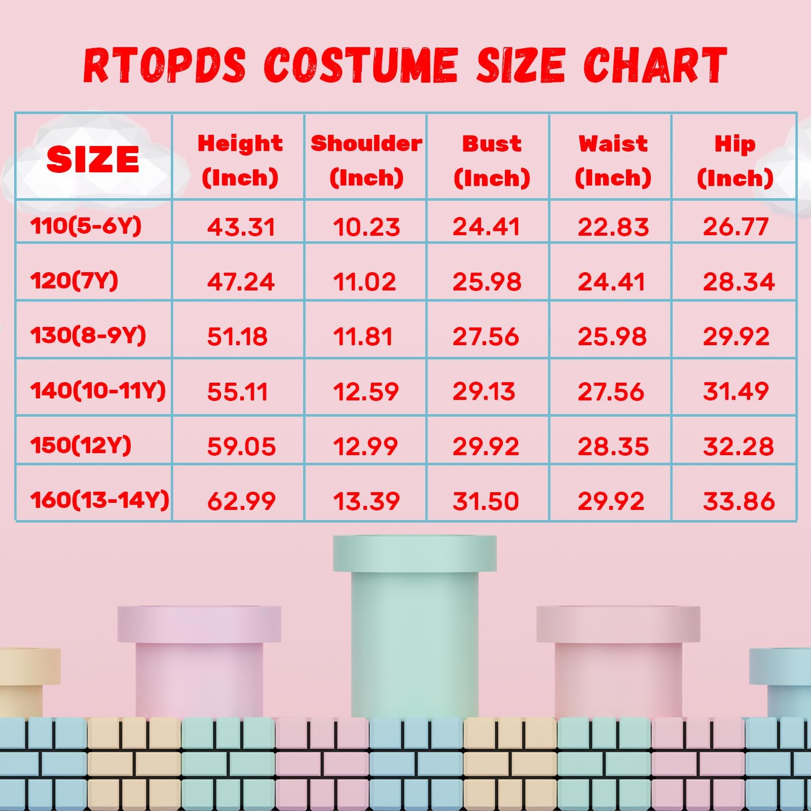 RTOPDS PrincessCostume Halloween Costume SuperBros Cosplay Outfit Jumpsuit (Pink, 120(7 Years))