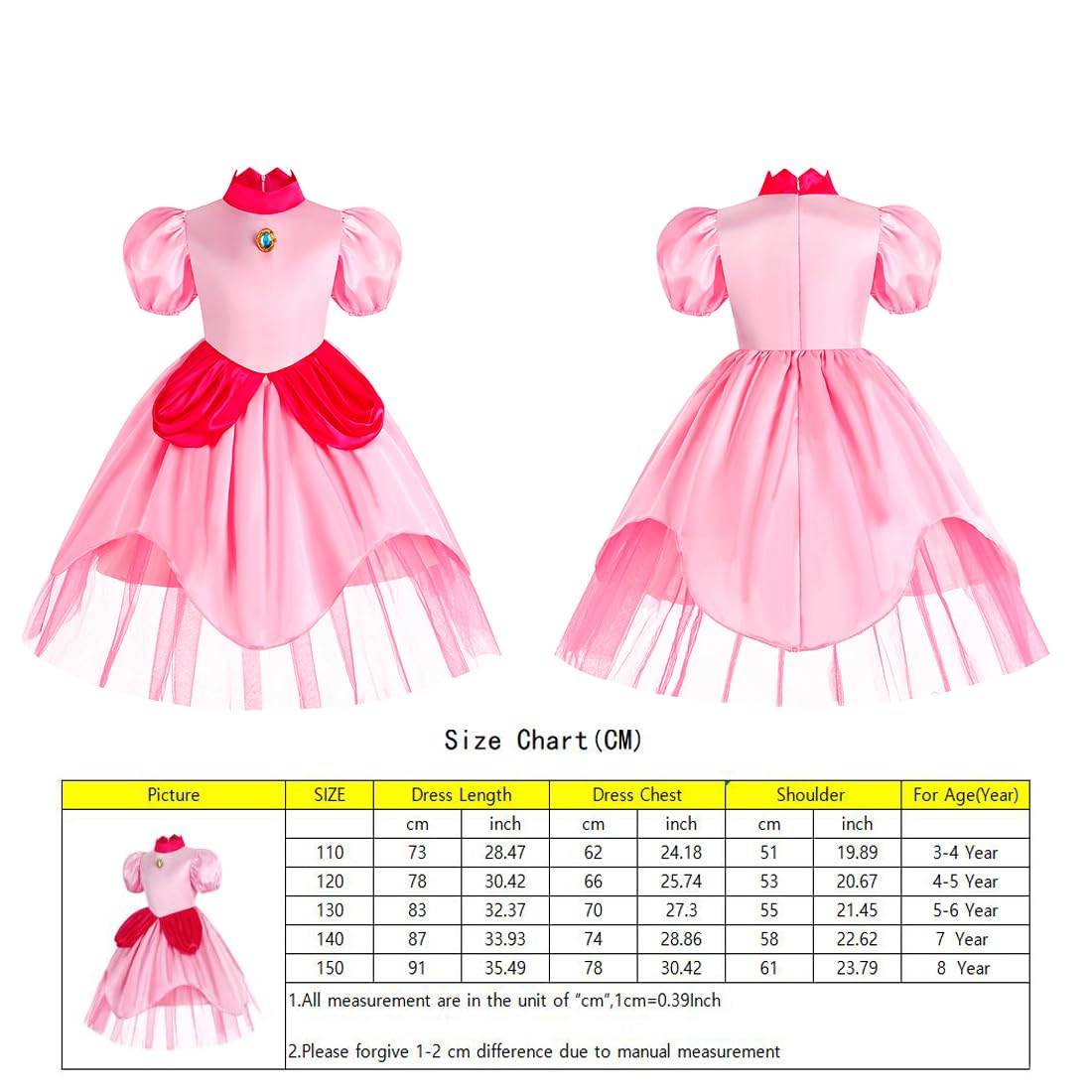 Yipkorra Girls Princess Peach Costume Dress Kids Halloween Cosplay Outfit with Accessories(Pink, 4-5 Years)