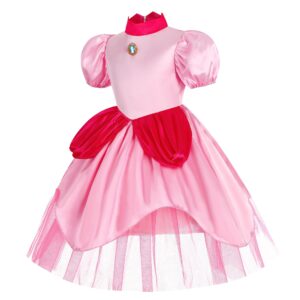 Yipkorra Girls Princess Peach Costume Dress Kids Halloween Cosplay Outfit with Accessories(Pink, 4-5 Years)