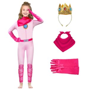 princess peach costume for girls, super brothers princess peach cosplay costume jumpsuit with accessories for halloween (110(5-6years))