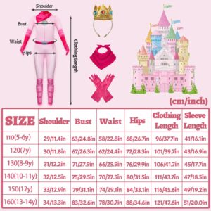 Princess Peach Costume for Girls, Super Brothers Princess Peach Cosplay Costume Jumpsuit with Accessories for Halloween (110(5-6Years))