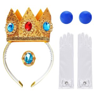 alszic 4pcs princess peach girls crown glove earring brooch dress up set for kids halloween cosplay costume accessories