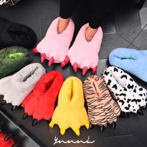 IXITON Unisex Funny Animal Paw slippers Shoes Furry Dinosaur bear Claw Slippers Cartoon plush slippers for men women girl boy kids elder,S,YELLOW