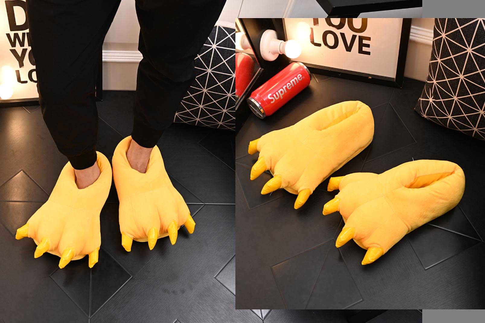 IXITON Unisex Funny Animal Paw slippers Shoes Furry Dinosaur bear Claw Slippers Cartoon plush slippers for men women girl boy kids elder,S,YELLOW