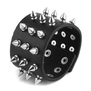 hzman unisex black metal spike studded punk rock biker wide strap leather bracelet (5cm wide - spike black)