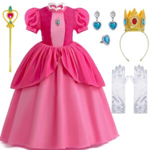 vorlits princess peach costume dress for girls kids puff sleeve cosplay dress up with peach crown and glove