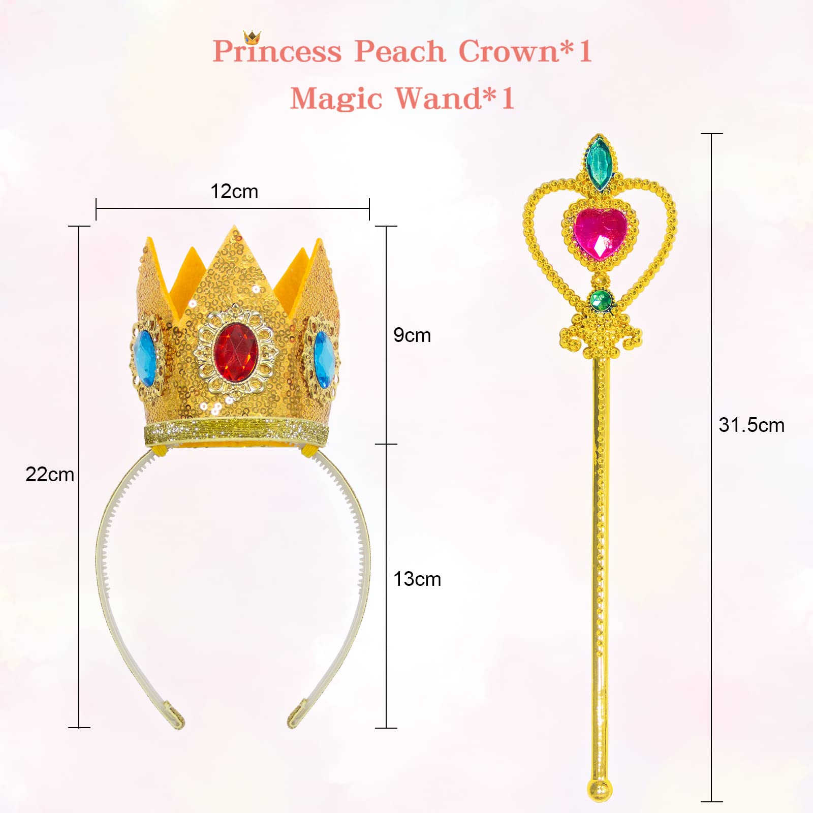 VORLITS Princess Peach Costume Dress For Girls Kids Puff Sleeve Cosplay Dress Up With Peach Crown And Glove