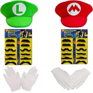 octagonal plumber hat super maleo bros costume hats adult hat red green cap with fake mustaches beard and gloves suspenders buttons set for halloween cosplay role play costume accessory