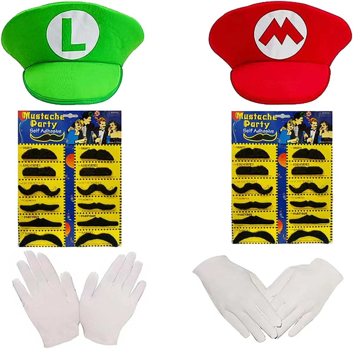 Octagonal Plumber Hat Super Maleo Bros Costume Hats Adult Hat Red Green Cap With Fake Mustaches Beard and Gloves Suspenders Buttons Set For Halloween Cosplay Role Play Costume Accessory