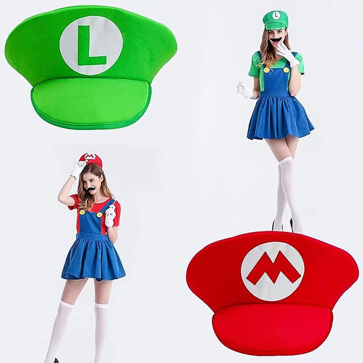 Octagonal Plumber Hat Super Maleo Bros Costume Hats Adult Hat Red Green Cap With Fake Mustaches Beard and Gloves Suspenders Buttons Set For Halloween Cosplay Role Play Costume Accessory