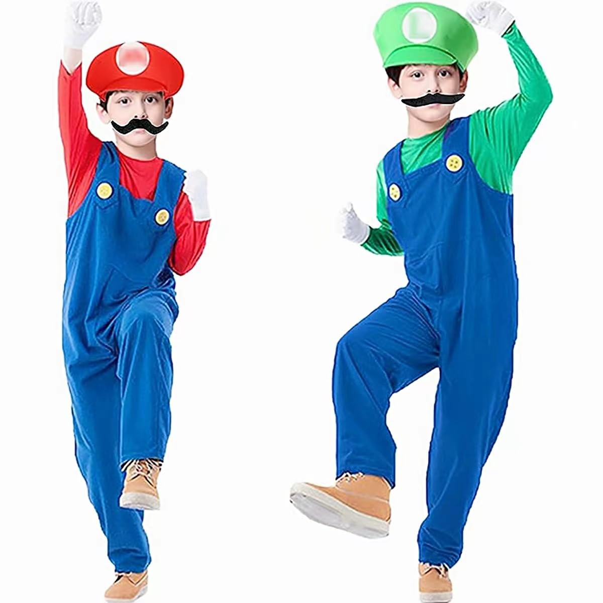 Octagonal Plumber Hat Super Maleo Bros Costume Hats Adult Hat Red Green Cap With Fake Mustaches Beard and Gloves Suspenders Buttons Set For Halloween Cosplay Role Play Costume Accessory