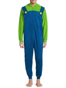 nintendo super mario luigi pj union suit costume pajamas for men with faux moustache, large blue