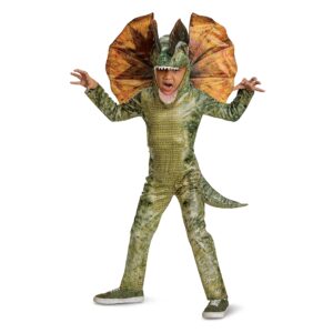 jurassic world dilophosaurus costume for kids, official jumpsuit and headpiece, child size medium (7-8)