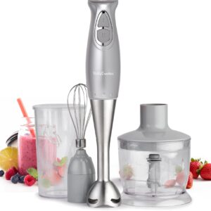 BETTY CROCKER Immersion Blender for Home & Kitchen, 2-Speed Hand Mixer Electric Handheld with Stainless Steel Blade, Beaker & Whisk, 250W Portable Blender with Ergonomic Handle, Silver